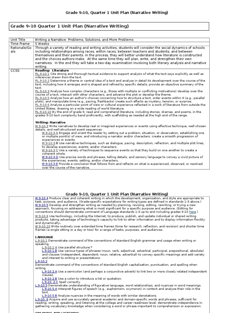 Narrative Writing Unit Plan for Grades 9-10 | PDF