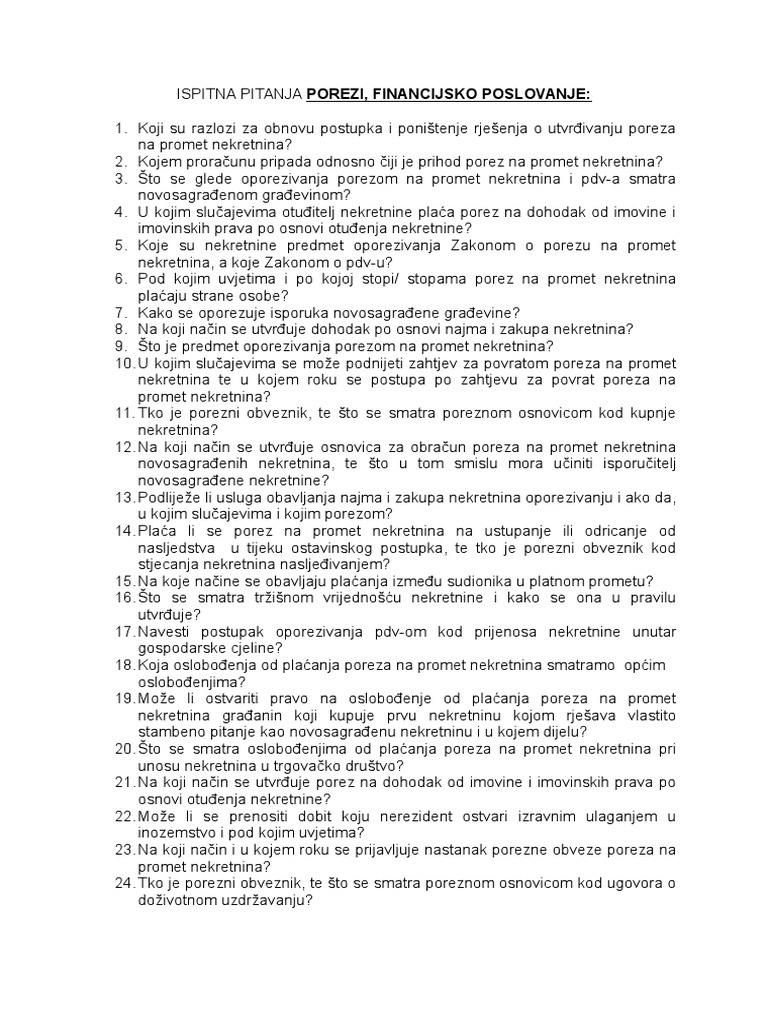 Ispitna Pitanja Za Polaganje Strucnog Ispita Agent Neretnina | PDF