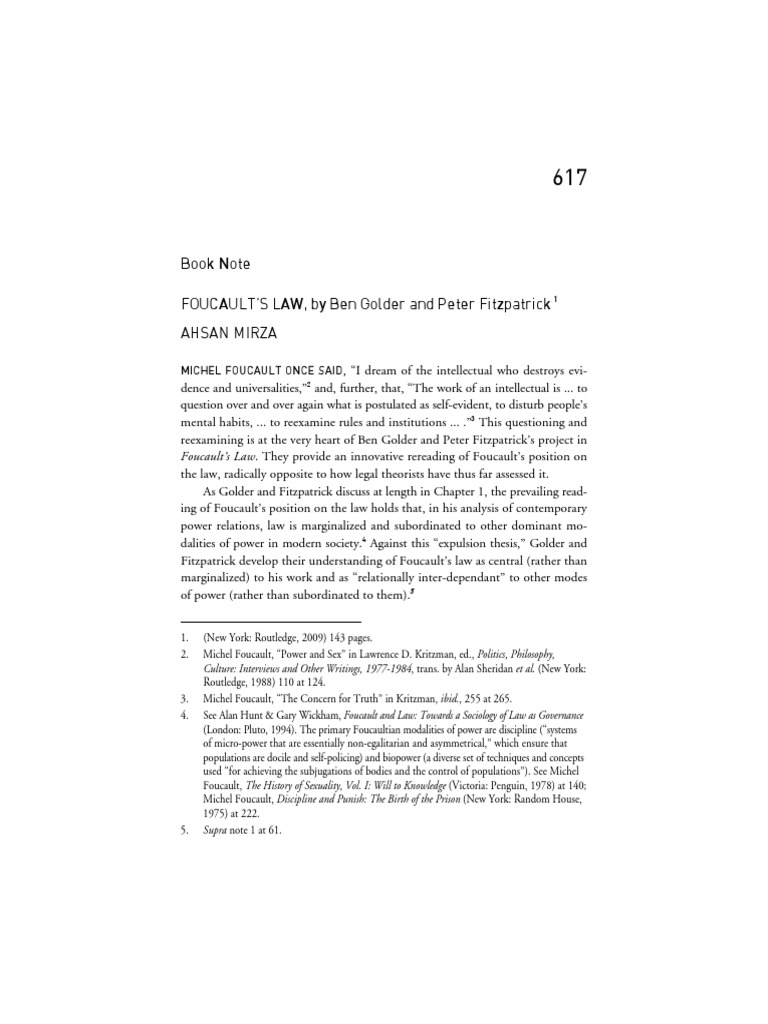 Book Note FOUCAULT'S LAW, by Ben Golder and Peter Fitzpatrick Ahsan Mirza | PDF | Jurisprudence ...