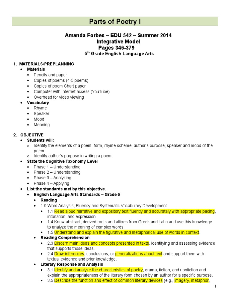 Integrative Model Lesson Plan | PDF | Lesson Plan | Poetry