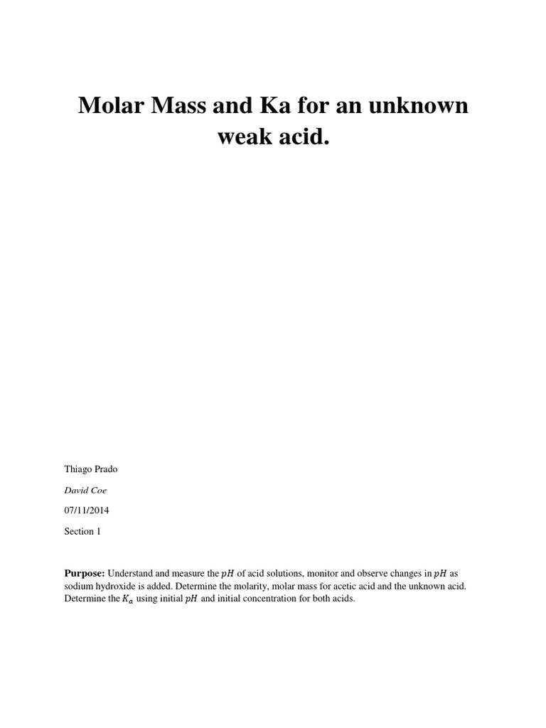 Molar Mass and Ka For An Unknown Weak Acid | PDF | Acid | Chemical ...