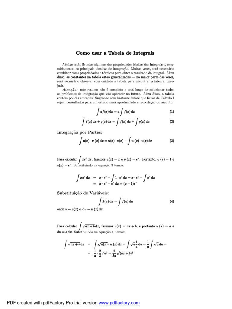 Tabela Integral de Cálculo | PDF