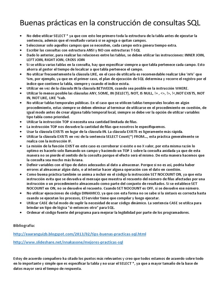 Buenas Prácticas en La Construcción de Consultas SQL | PDF | SQL | Gestión de tecnología de la ...