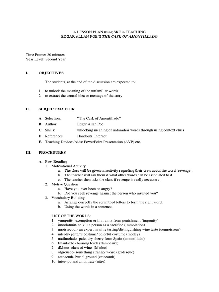 Lesson Plan - The Cask of Amontillado | PDF | Lesson Plan
