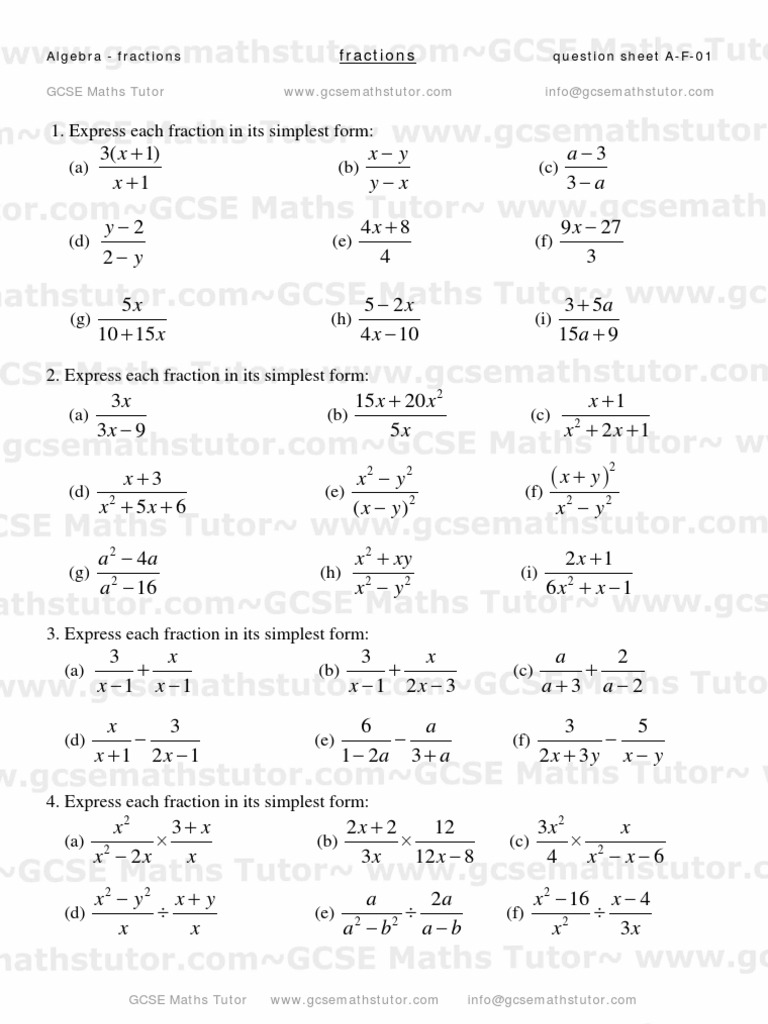 Algebraic Fractions Worksheet #01, Algebra Revision From GCSE Maths ...