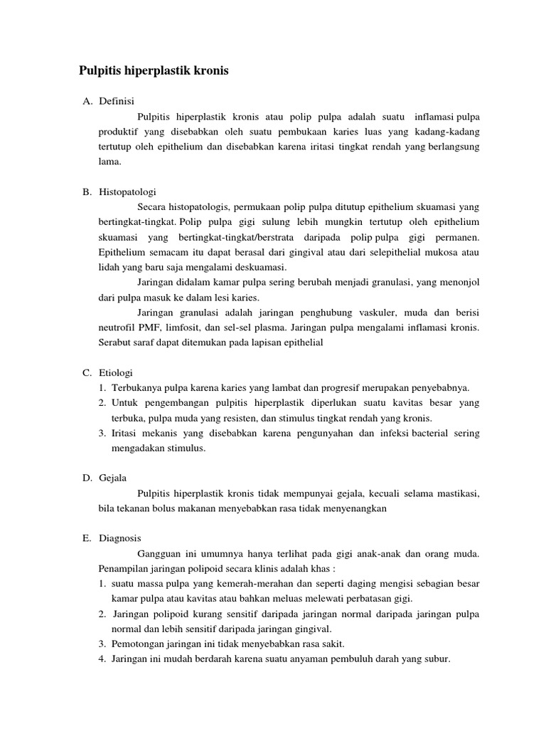 Pulpitis Hiperplastik Kronis: Definisi, Gejala, dan Penatalaksanaan | PDF