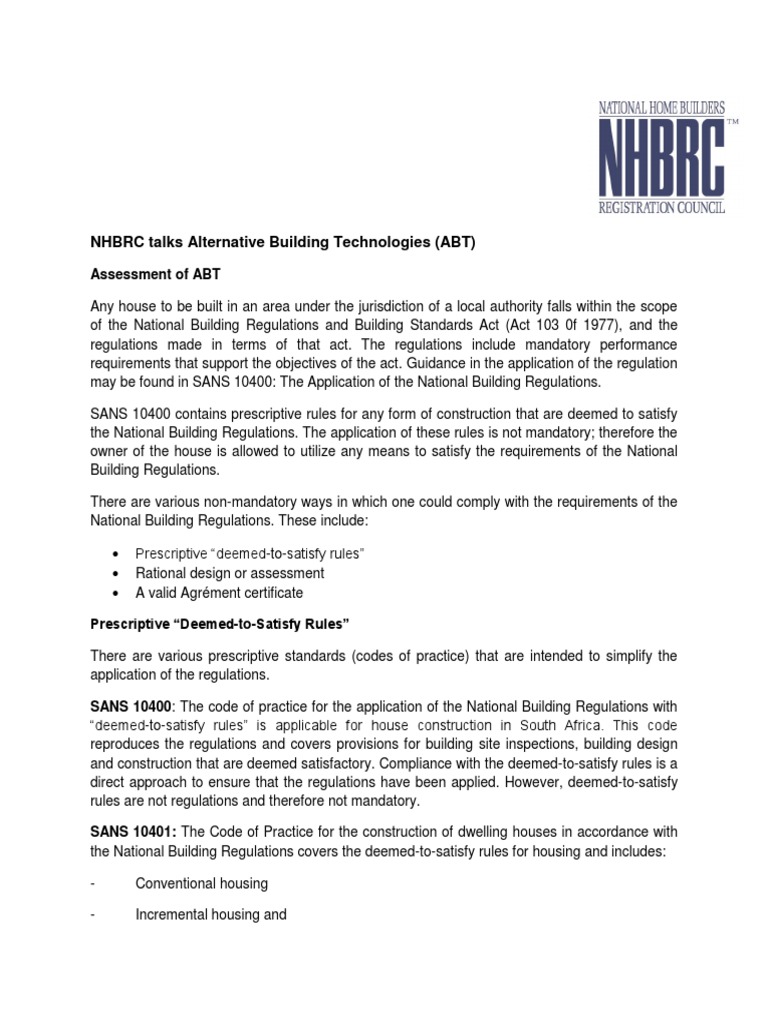 NHBRC Talks Alternative Building Technologies | Regulatory Compliance ...