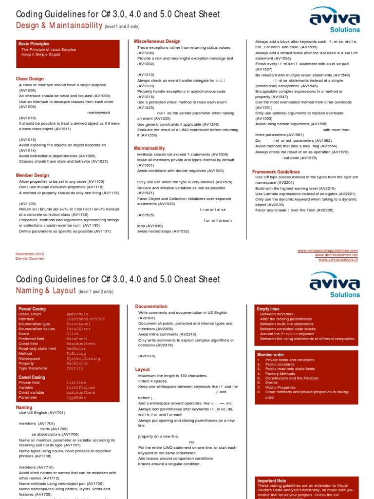 C# Coding Guidelines Cheat Sheet | PDF | Parameter (Computer ...