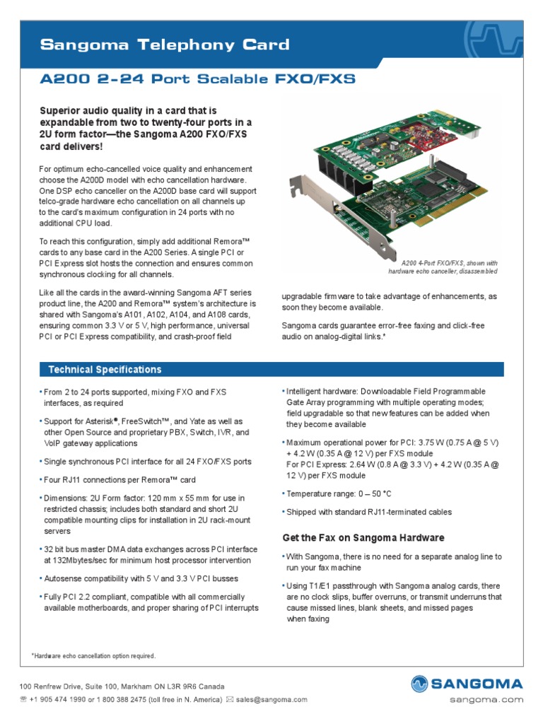 Sangoma A200 Series Analog Voice Card Datasheet | PDF | Fax | Media Technology