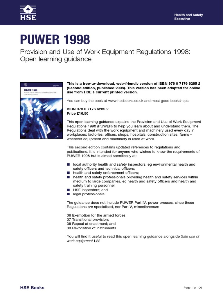 PUWER 1998 Open Learning Guidance | Occupational Safety And Health | Safety