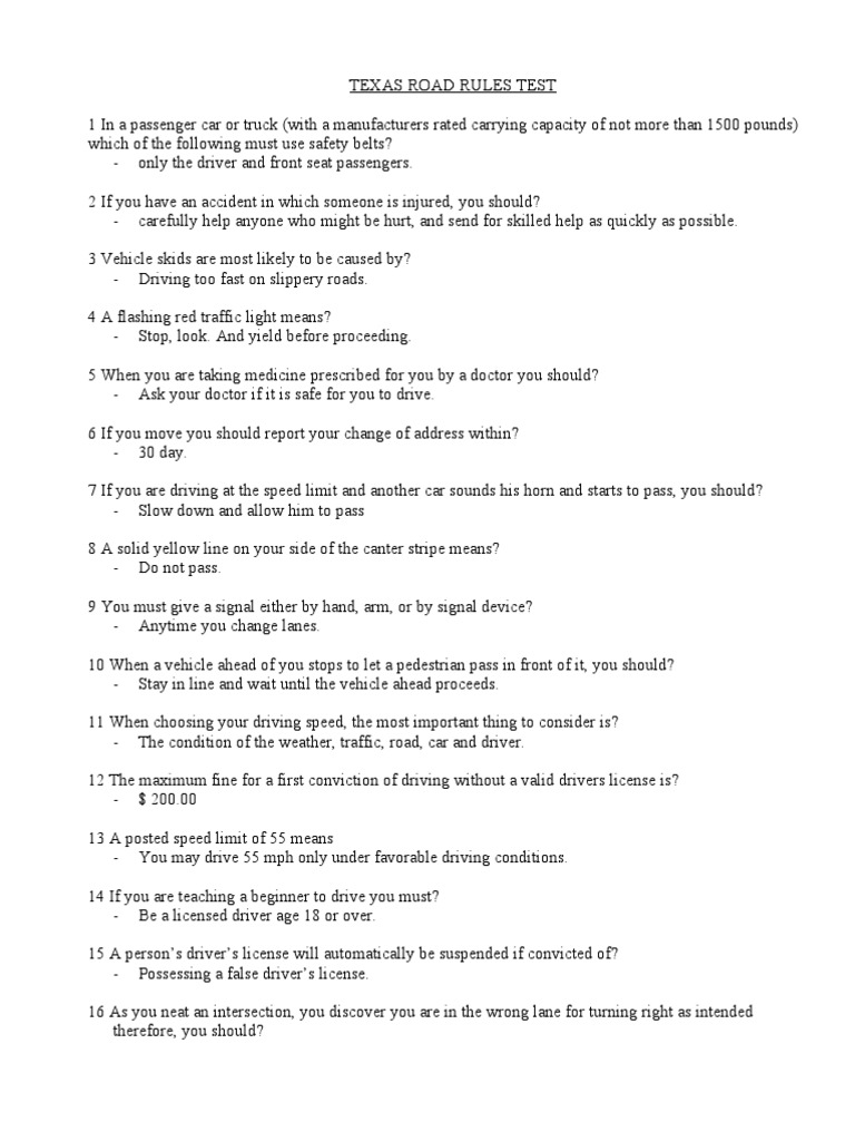 (Texas Driving Test) - Questions 4 | PDF | Traffic | Driving