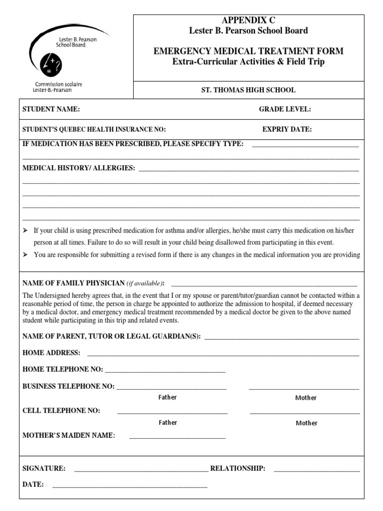 Emergency Medical Treatment Form | PDF