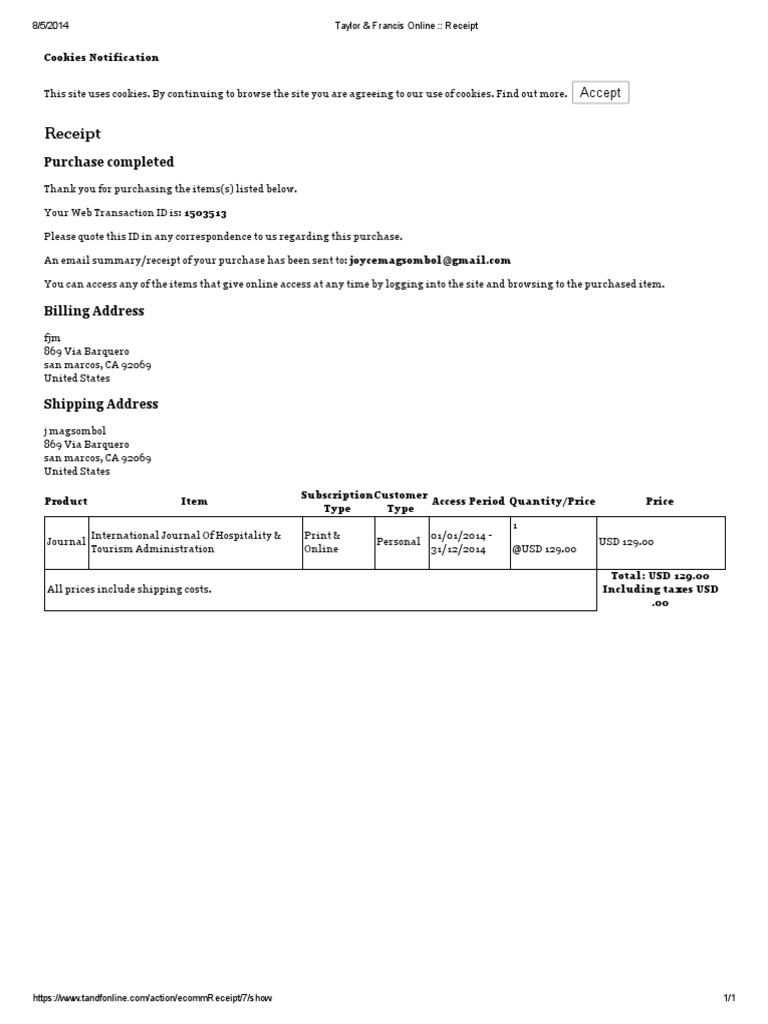 Taylor & Francis Online - GGH - Receipt | PDF
