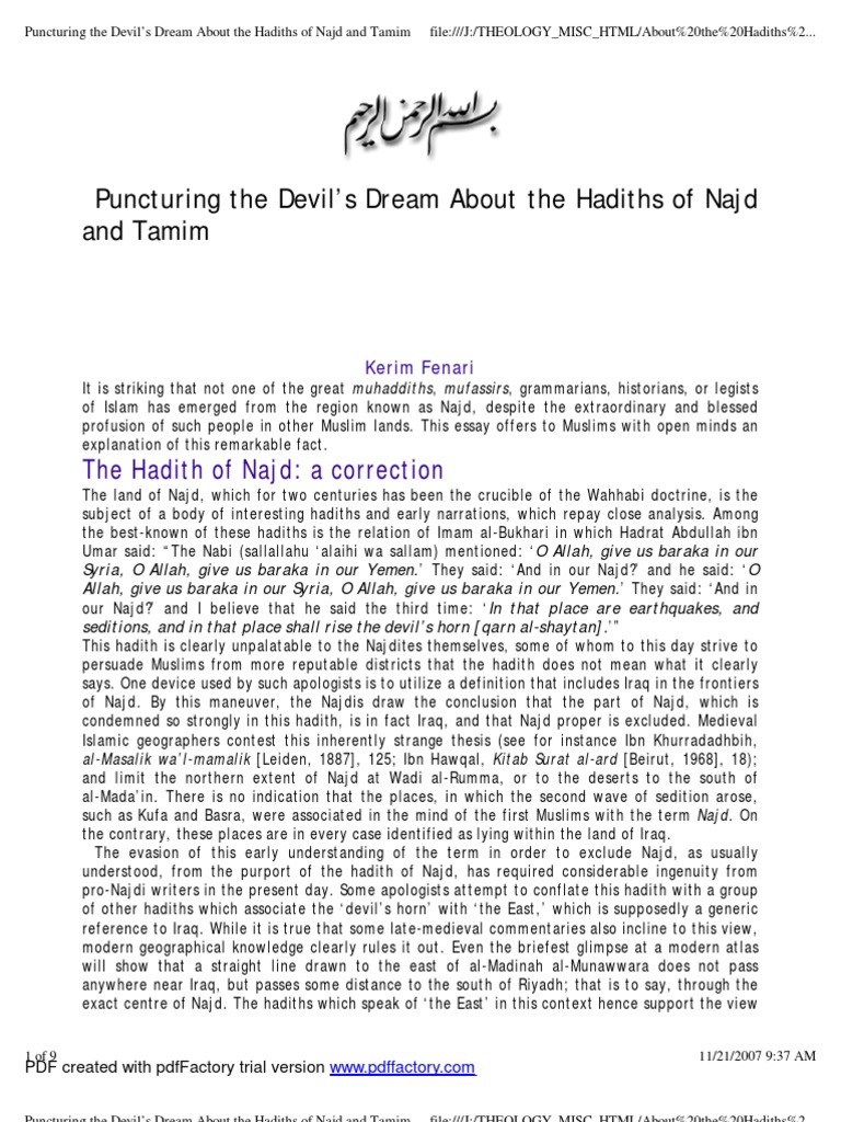 Puncturing The Devil's Dream About The Hadiths of Najd and Tamim | PDF ...