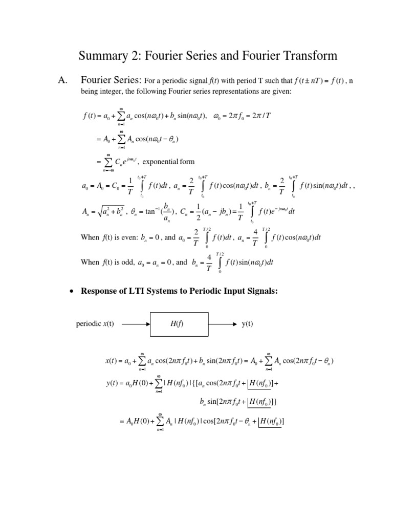 Formula Sheet Fourier Transform and Series