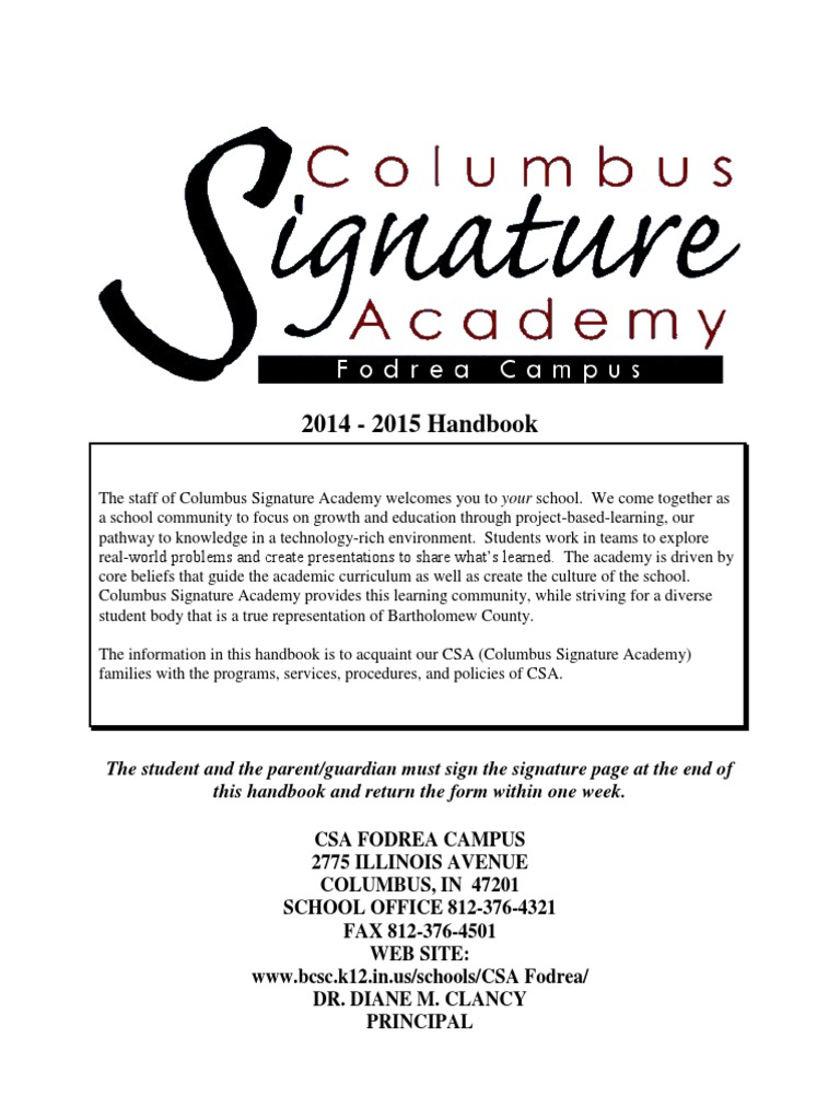 Csa Fodrea 2014 - 2015 Student Handbook Final | PDF | Bus | Learning