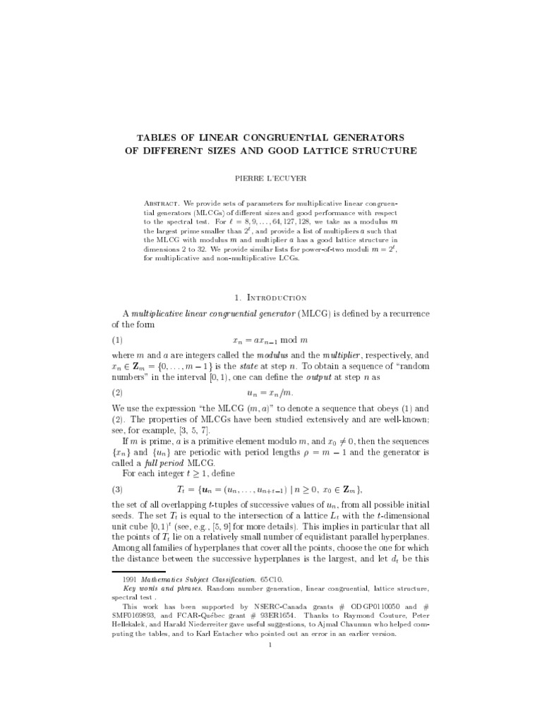 Tables of Linear Congruential Generators of Different Sizes and Good Lattice Structure | PDF ...