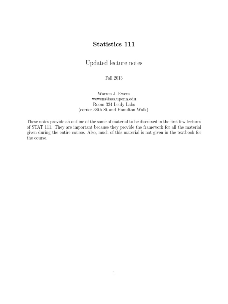 Intro To Stat (STAT 111) by Ewens | Download Free PDF | Probability ...