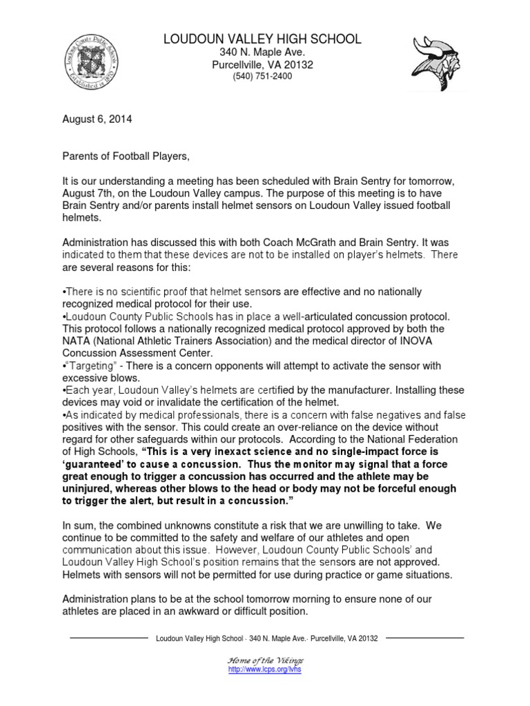 Loudoun Valley letter to football parents | Concussion | Sports | Free ...