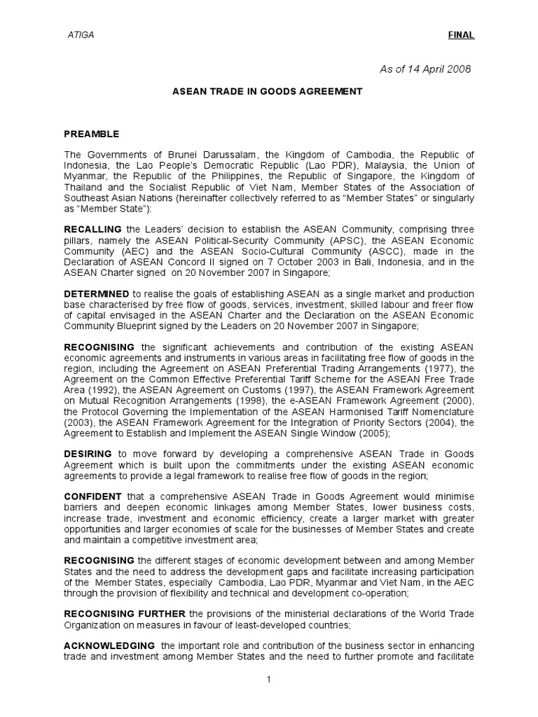 ATIGA-0 - Body Text Final | PDF | Tariff | Customs