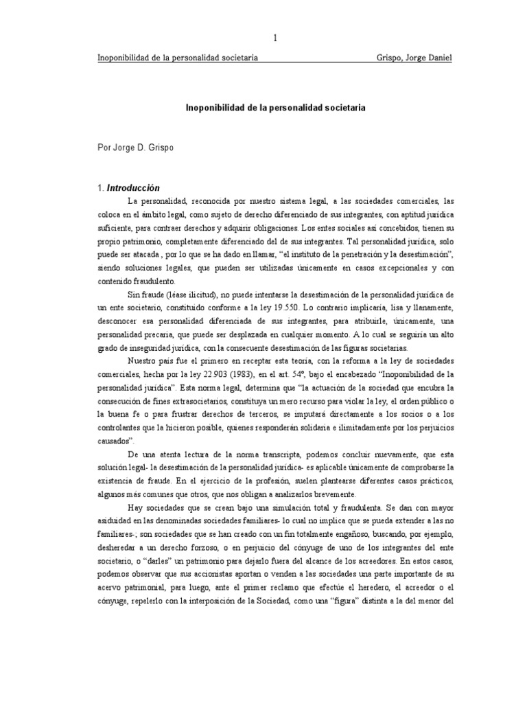 Inoponibilidad de la Personalidad Jurídica | PDF | Liquidación | Bienes ...