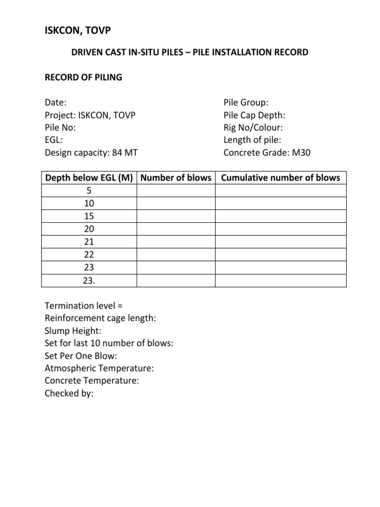 Iskcon, Tovp: Driven Cast In-Situ Piles - Pile Installation Record ...