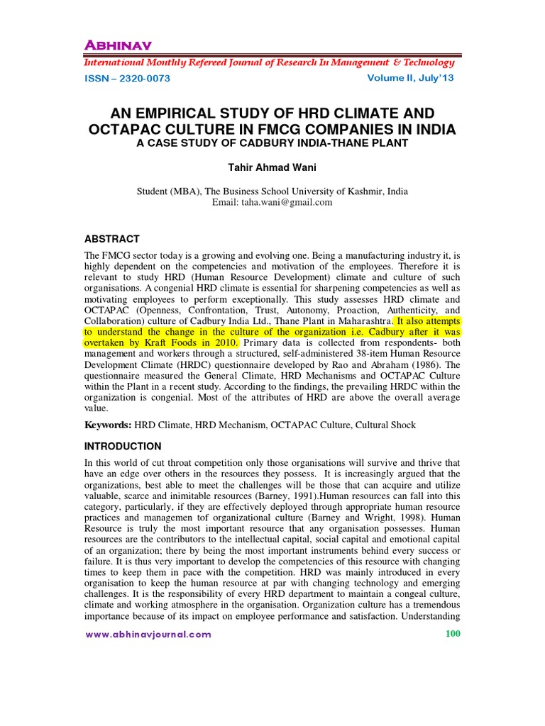 An Empirical Study of HRD Climate and Octapac Culture in FMCG Companies ...