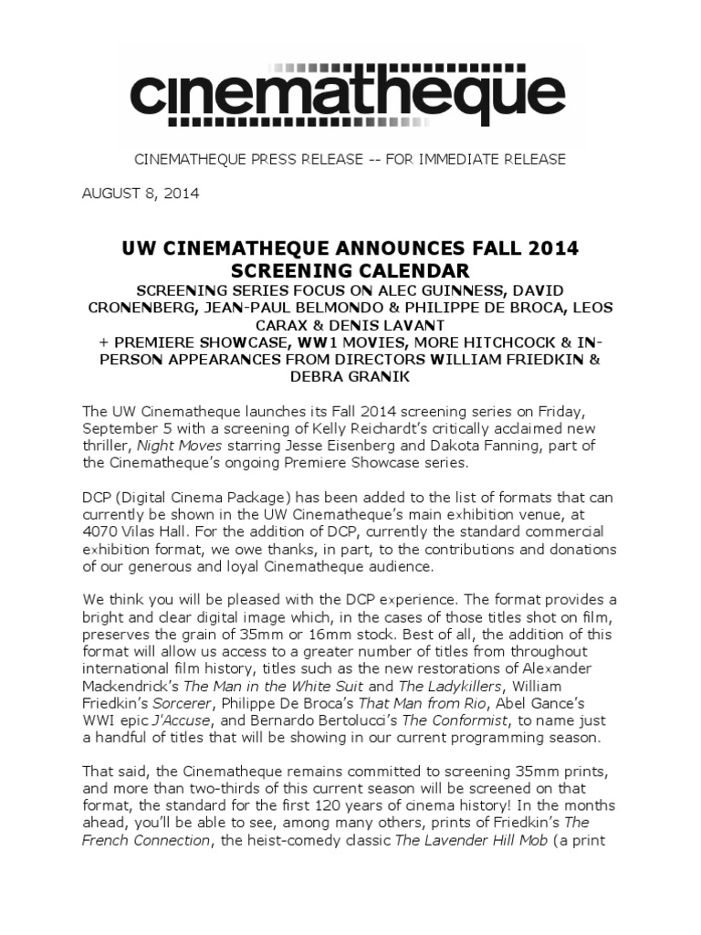 UW Cinematheque Fall 2014 | PDF | Alfred Hitchcock | Cinema
