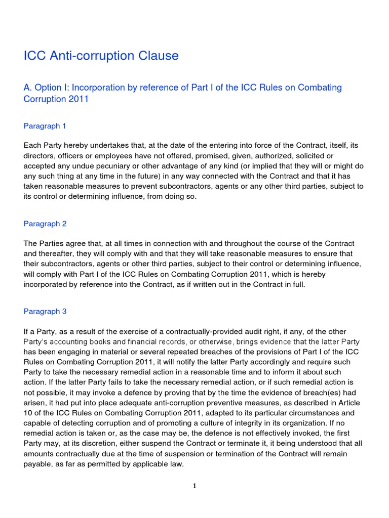ICC Anti-corruption Clause | Civil Law (Legal System) | Business Law