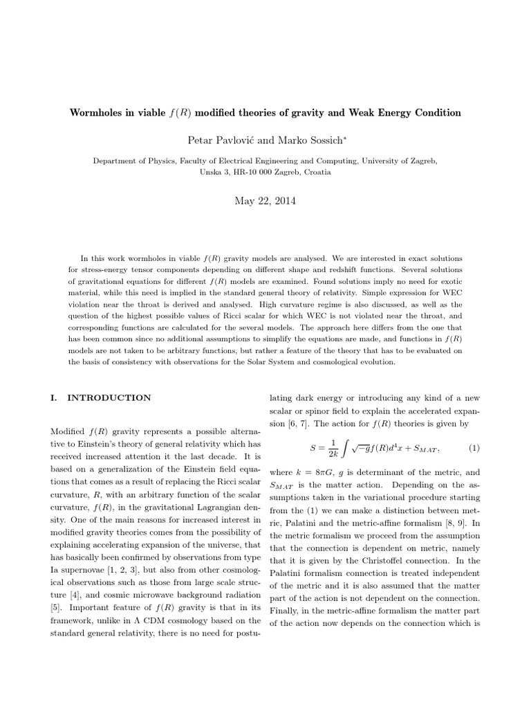 Wormholes in Viable F (R) Modified Theories of Gravity and Weak Energy Condition | Download Free ...