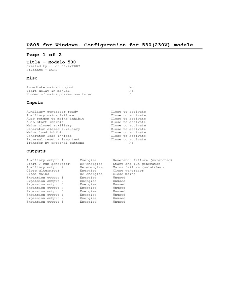 P808 For Windows. Configuration For 530 (230V) Module Page 1 of 2 | PDF | Mains Electricity ...