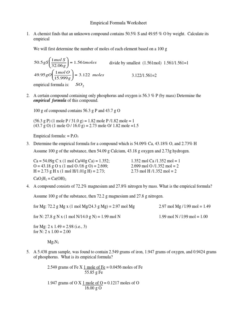 Empirical Formula Worksheet | PDF | Mole (Unit) | Oxygen