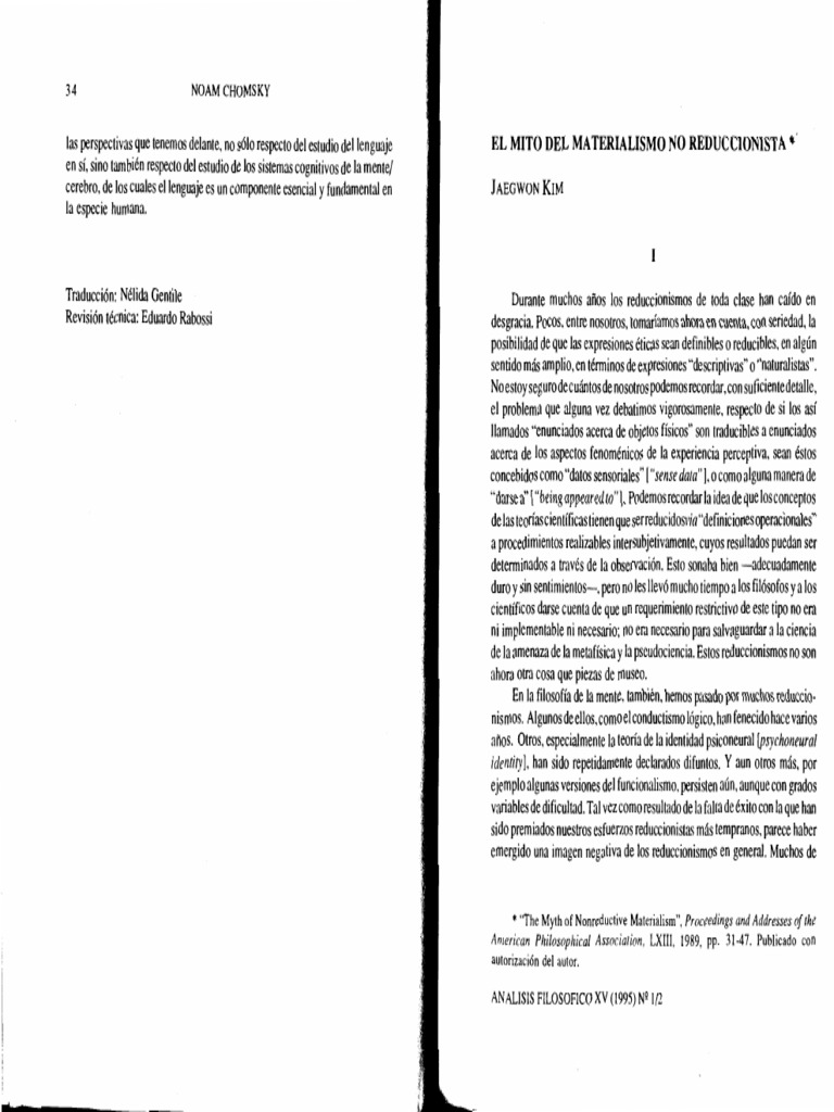 Jaegwon Kim El Mito Del Materialismo No Reductivo | PDF