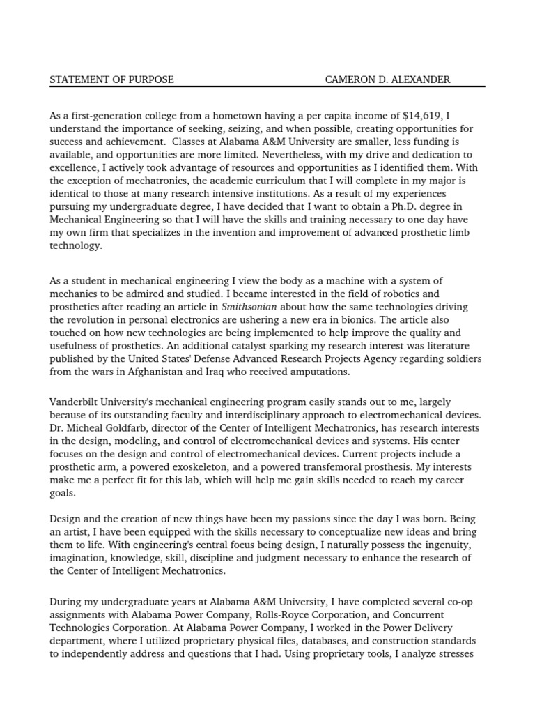 Personal Statement Draft | Prosthesis | Engineering