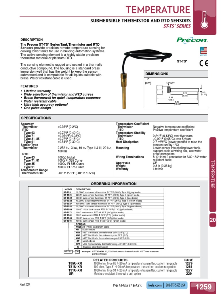 Submersible Thermistor and RTD Sensors: Dimensions | PDF | Platinum ...