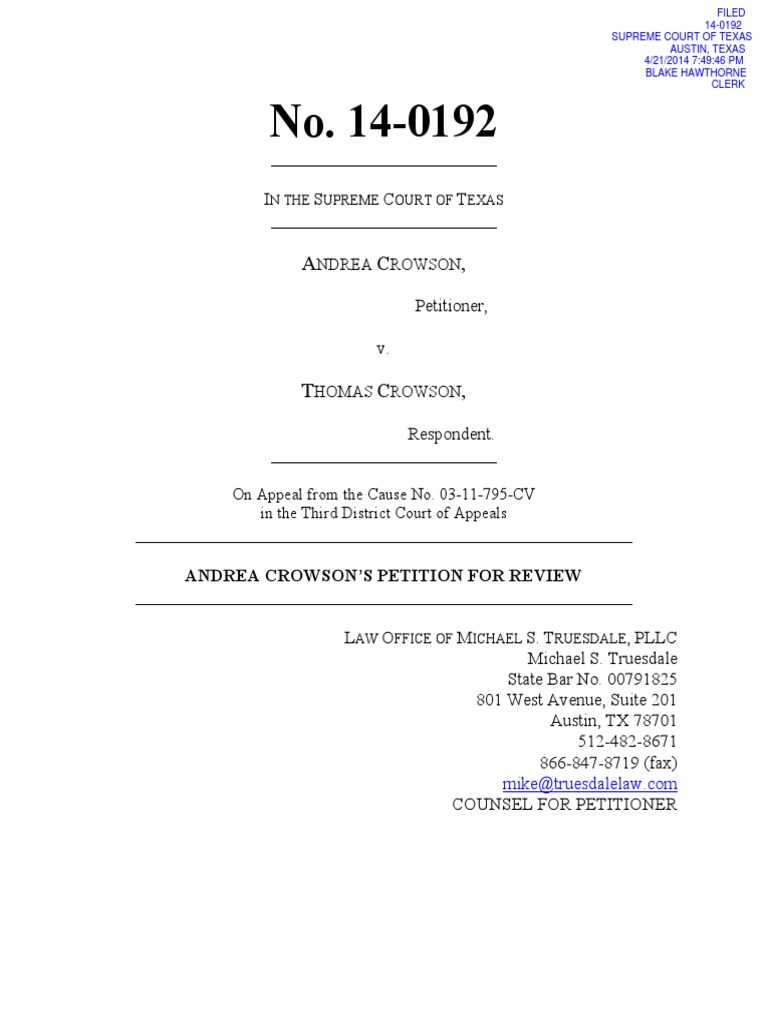 Texas Supreme Court 14-0192 Petition Andrea Crowson | PDF ...