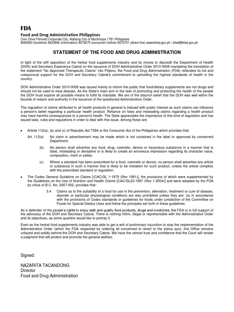 FDA Statement to Ao-2010-0008 | Food And Drug Administration | Dietary ...