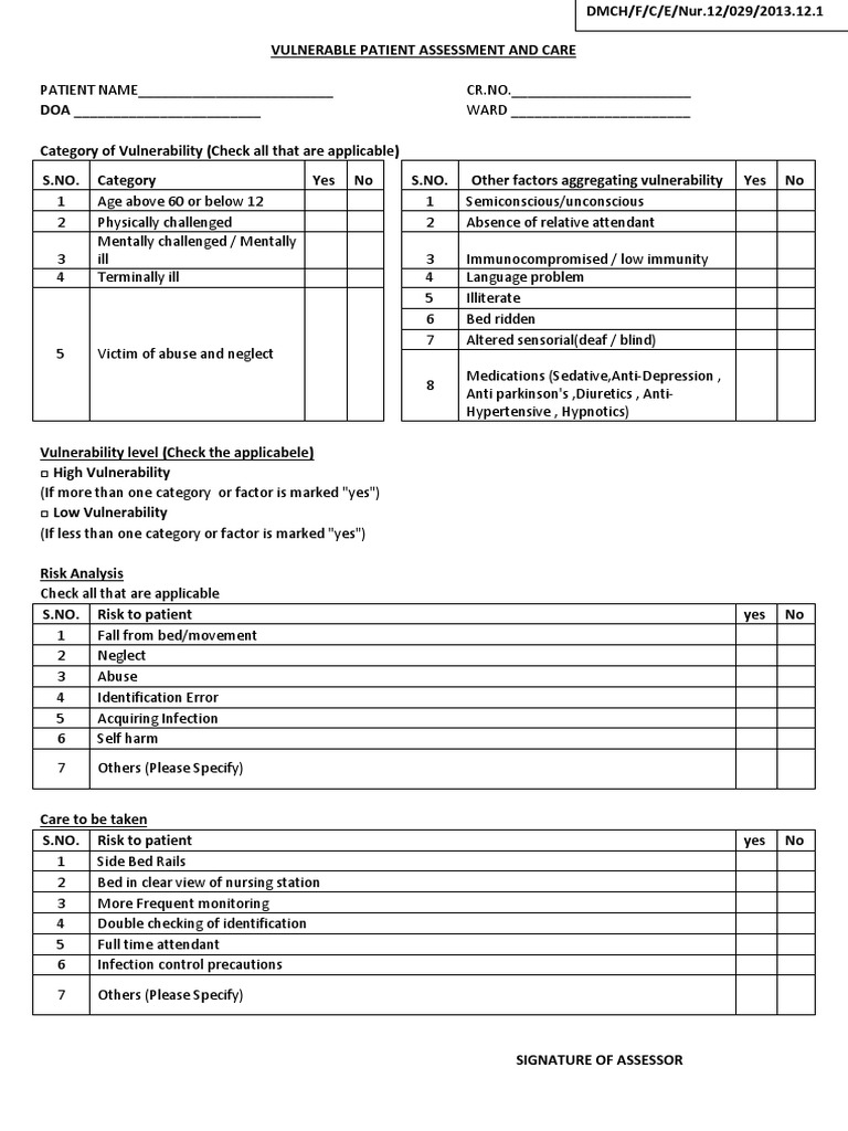Vulnerable Patient Assessment Form | PDF