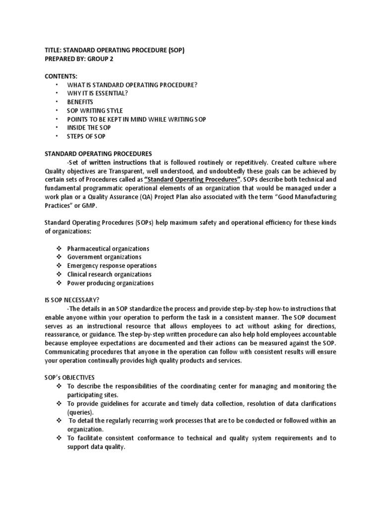 Title: Standard Operating Procedure (Sop) Prepared By: Group 2 Contents ...