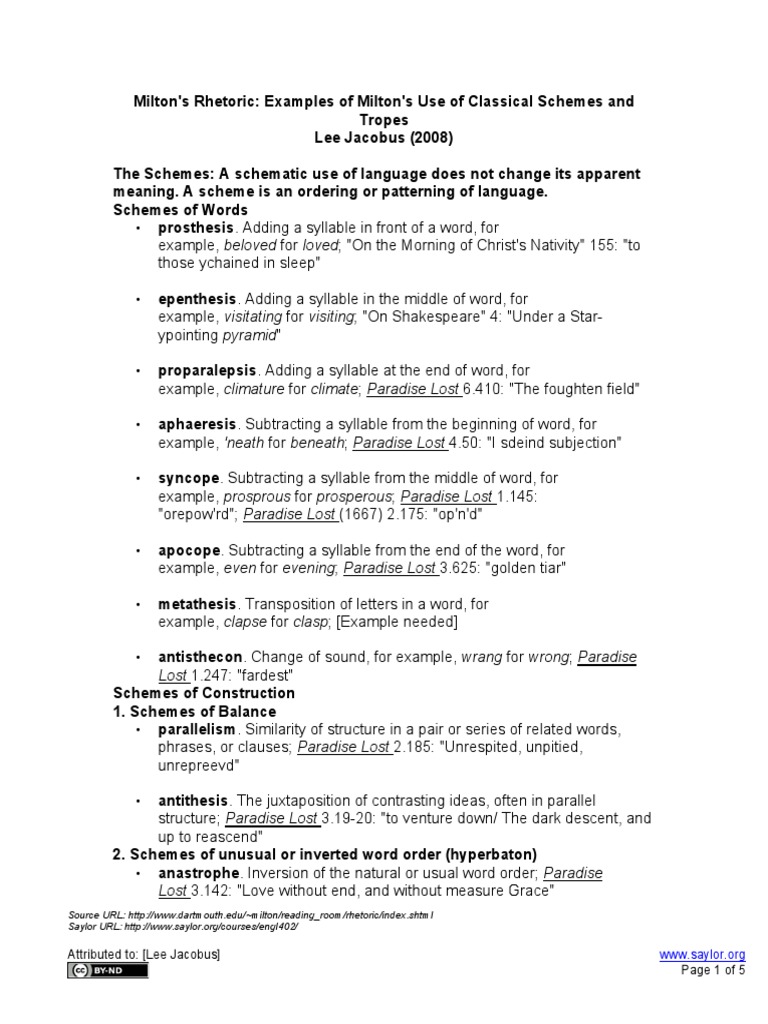 ENGL402 Milton Miltons Rhetoric Examples of Miltons Use of Classical ...