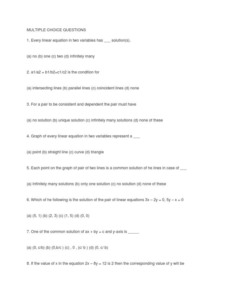 Multiple Choice Questions | PDF | Line (Geometry) | Equations