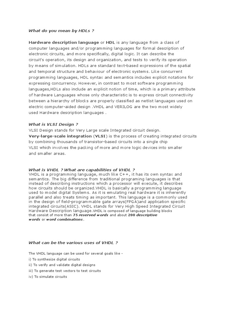 Hardware Description Language or HDL Is Any Language From A Class of ...