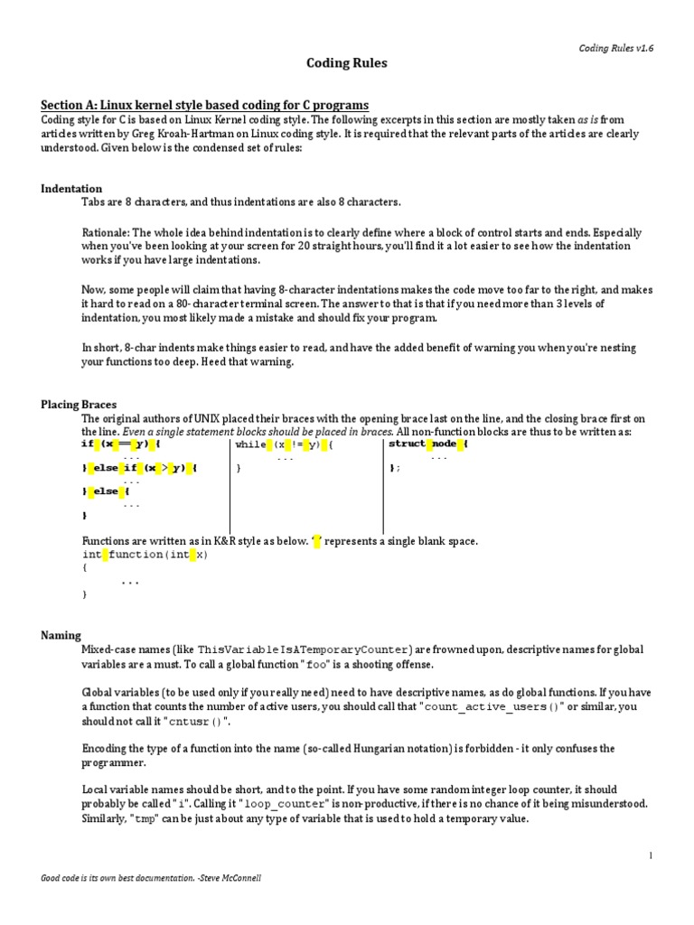 Coding Rules: Section A: Linux Kernel Style Based Coding For C Programs ...