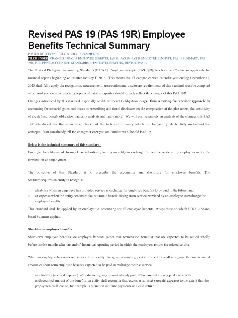 Revised PAS 19 (PAS 19R) Employee Benefits Technical Summary | PDF ...