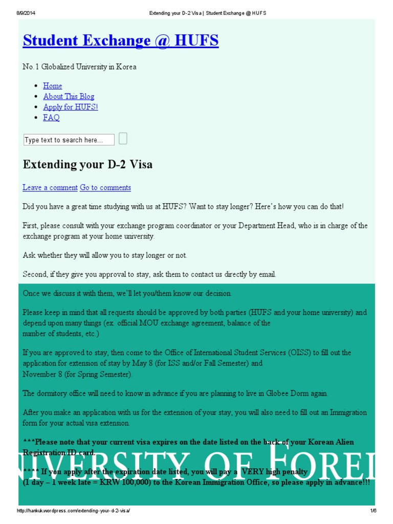 Extending Your D-2 Visa - Student Exchange at HUFS | PDF | Travel Visa | Students