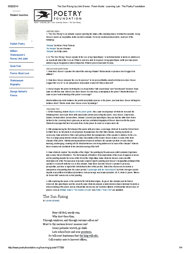 The Sun Rising Bay John Donne - Poem Guide - Learning Lab - The Poetry ...