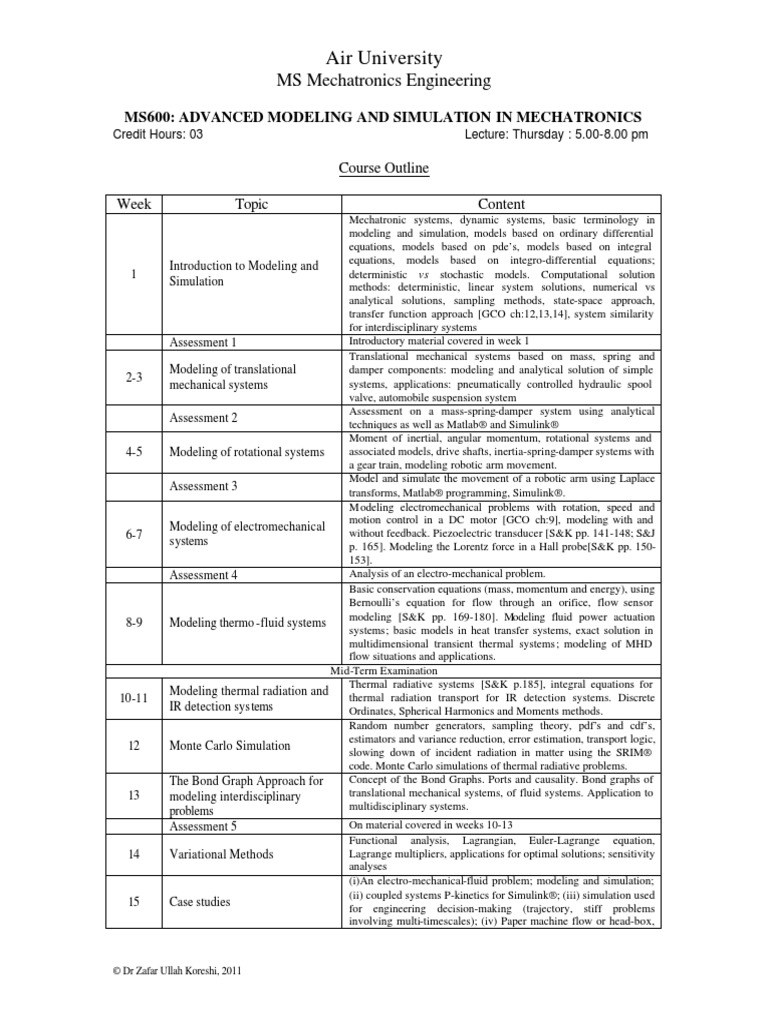 Modeling and Simulation Course Outline 2011 | Mechatronics | Simulation