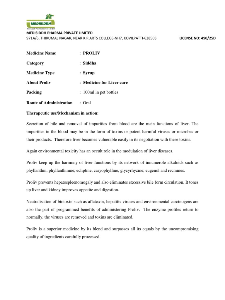 Proliv Syrup | PDF | Liver | Clinical Medicine