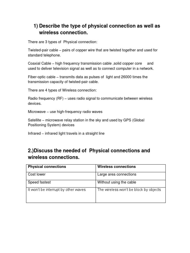 Types of Physical and Wireless Connections | PDF | Technology & Engineering