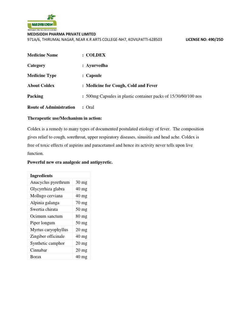 Coldex Capsule | PDF | Common Cold | Fever